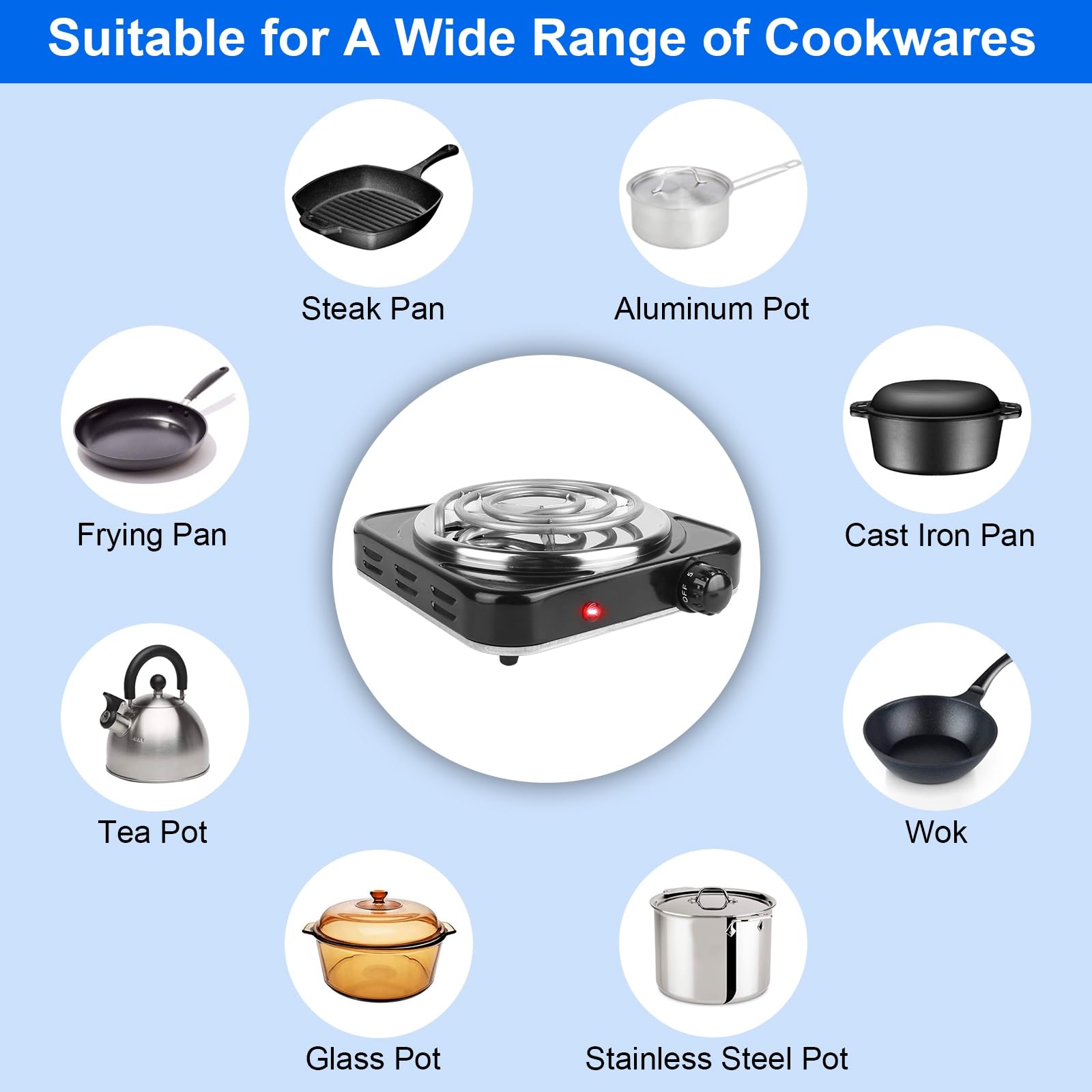 KOCASO Countertop Single Burner Electric Stove, 1000W Portable Coil Heating Hot Plate RV Hot Plate with Non Slip Rubber Feet w/ 35in Plug Cord, Black