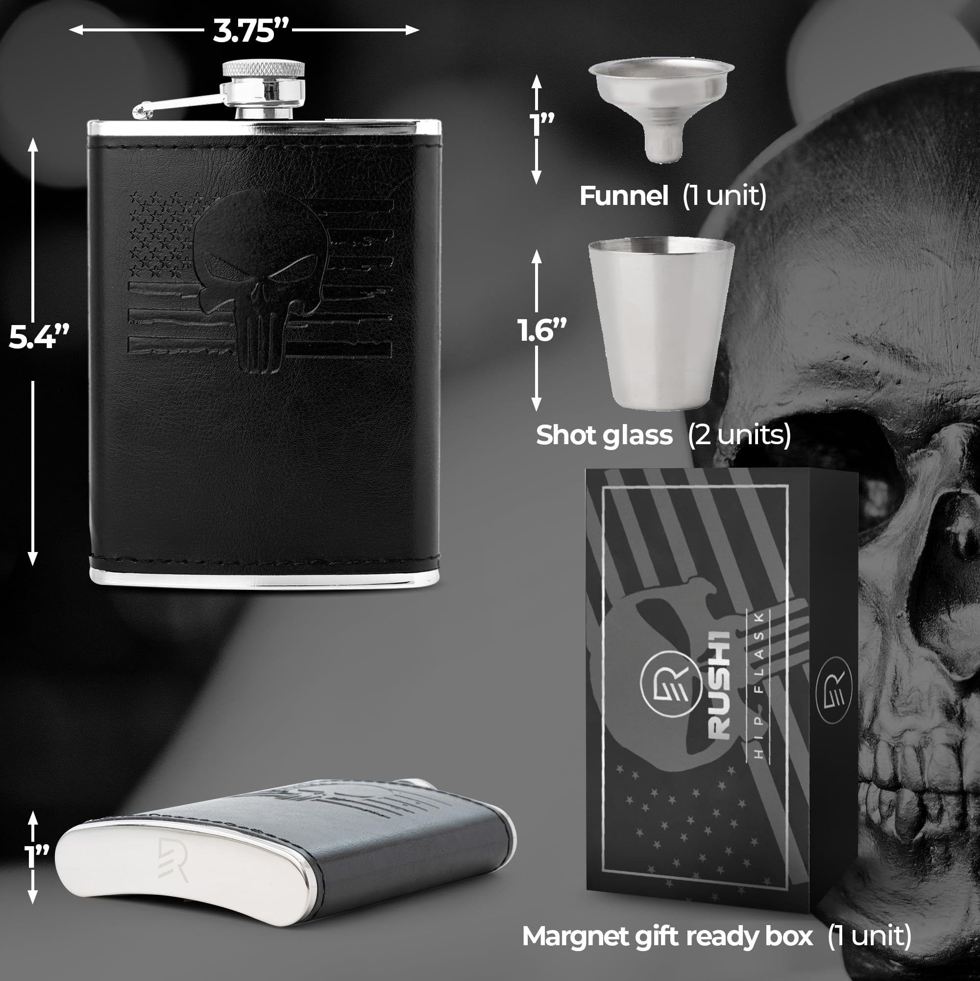 Rush1 8oz Leather Flask for Men – Custom American Flag Skull Design – Wrap Stainless Steel Set with Funnel and 2 Shot Glasses – Ideal for Whiskey or any Liquor.