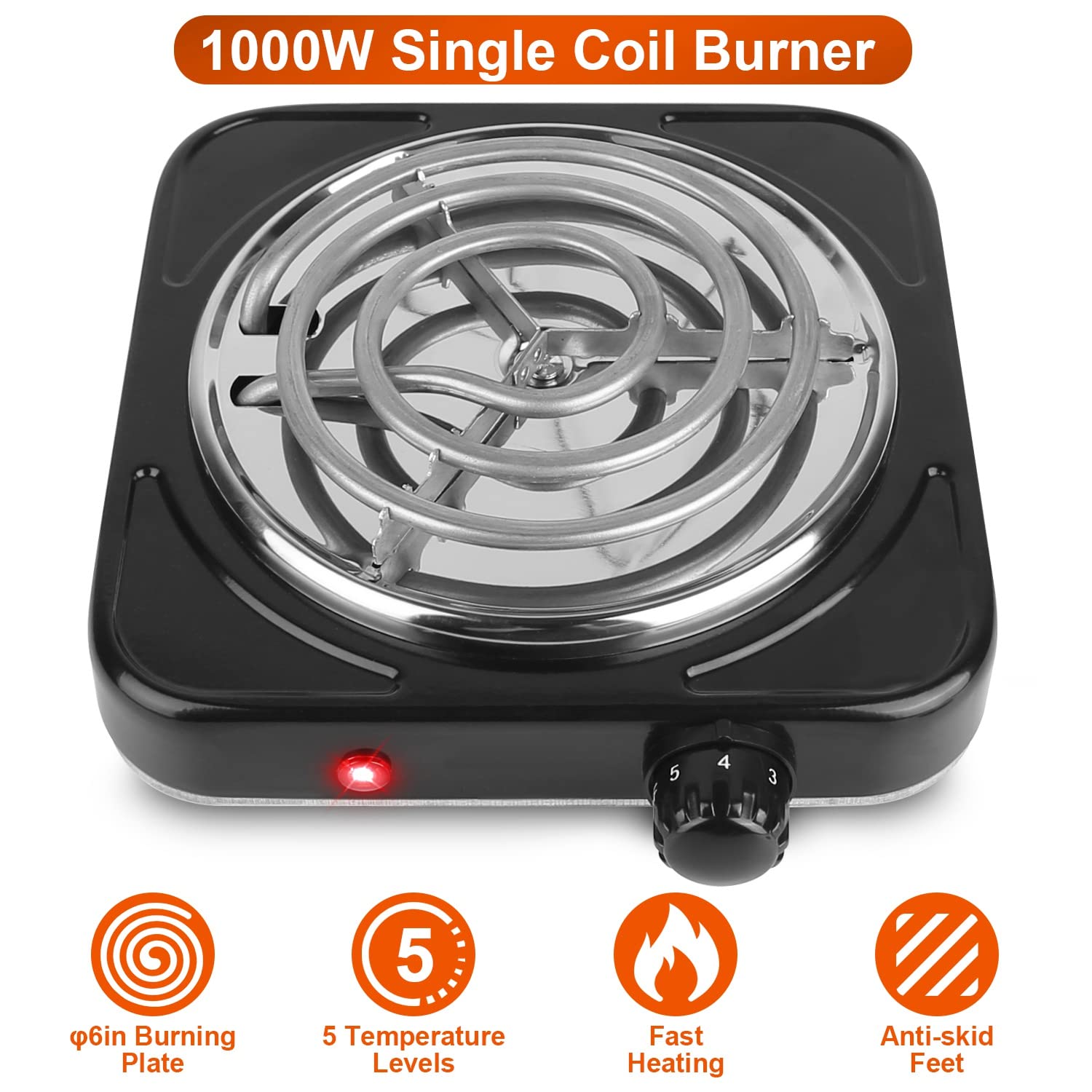 KOCASO Countertop Single Burner Electric Stove, 1000W Portable Coil Heating Hot Plate RV Hot Plate with Non Slip Rubber Feet w/ 35in Plug Cord, Black