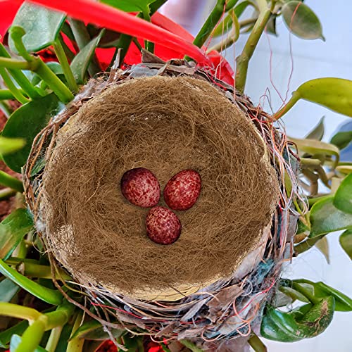LASZOLA 2Pcs Handmade Woven Bird Breeding Nest Bed with 3.5 oz. Coconut Fiber, Flat Base Straw Bird Nest Hatch House Cage with Natural Coconut Fiber for Dove Pigeon Parrot Rabbits Hamster