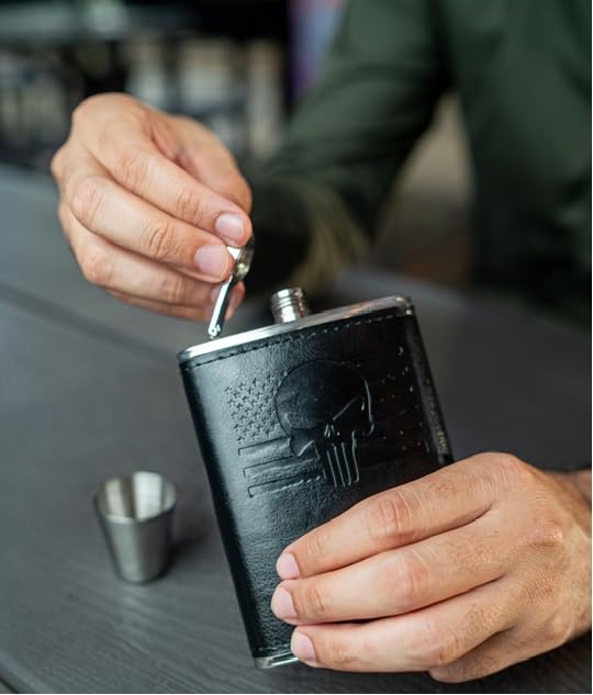 Rush1 8oz Leather Flask for Men – Custom American Flag Skull Design – Wrap Stainless Steel Set with Funnel and 2 Shot Glasses – Ideal for Whiskey or any Liquor.