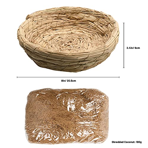 LASZOLA 2Pcs Handmade Woven Bird Breeding Nest Bed with 3.5 oz. Coconut Fiber, Flat Base Straw Bird Nest Hatch House Cage with Natural Coconut Fiber for Dove Pigeon Parrot Rabbits Hamster