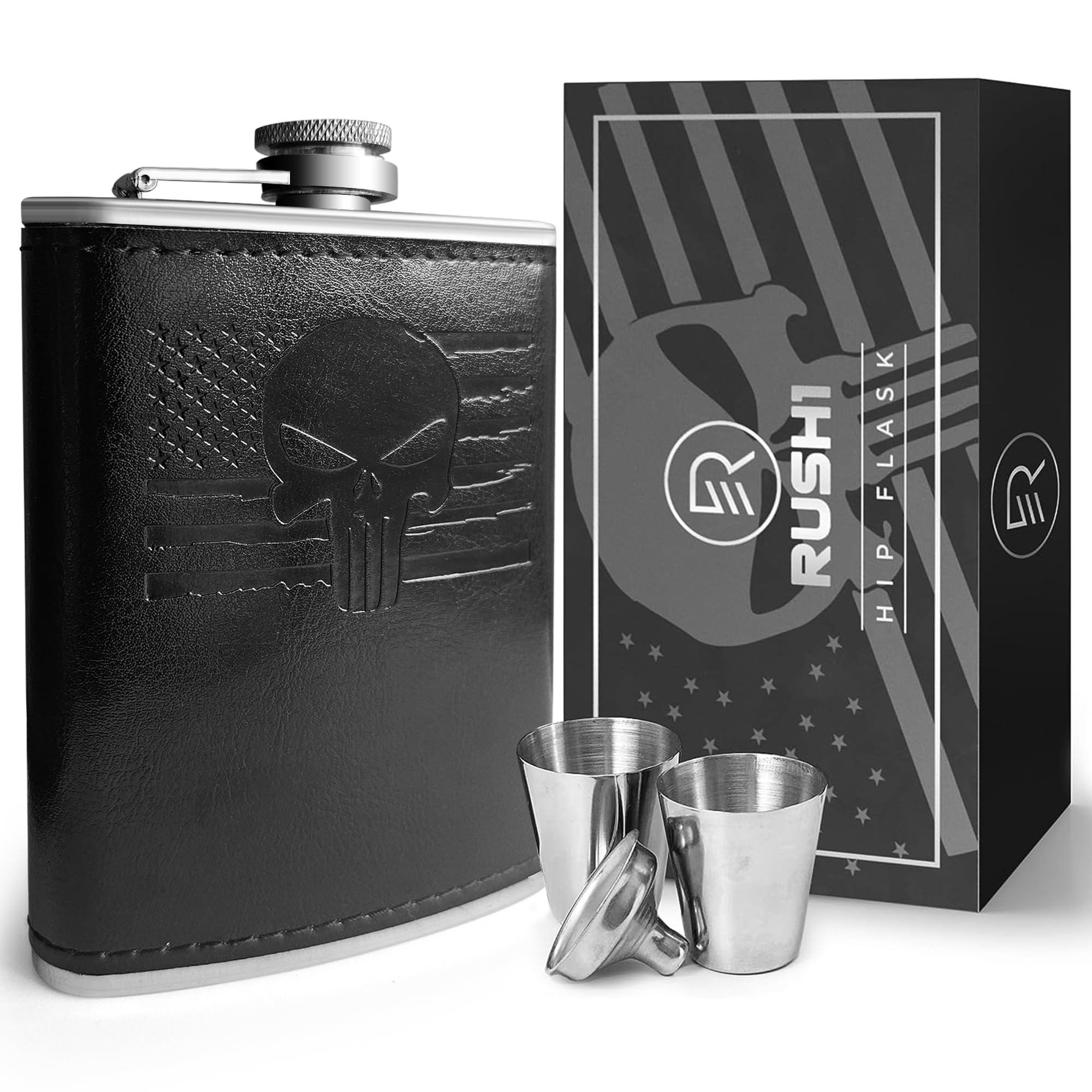 Rush1 8oz Leather Flask for Men โ Custom American Flag Skull Design โ Wrap Stainless Steel Set with Funnel and 2 Shot Glasses โ Ideal for Whiskey or any Liquor.