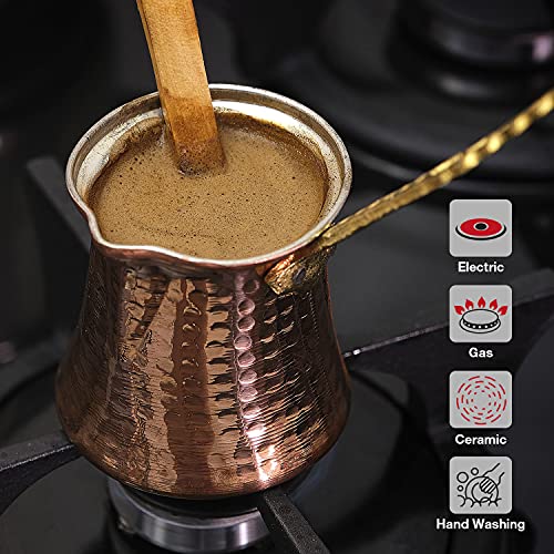 DESTALYA Turkish Coffee Pot, 5.07 fl oz Hammered Copper Coffee Maker with Metal Handle, Stove Top Small Warmer, Cezve (Coffee Pot with Spoon)