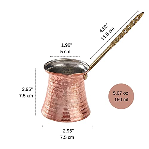 DESTALYA Turkish Coffee Pot, 5.07 fl oz Hammered Copper Coffee Maker with Metal Handle, Stove Top Small Warmer, Cezve (Coffee Pot with Spoon)