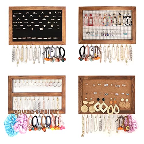 Jewelry Organizer Wall Mounted 4 Pack Rustic Wood Jewelry Display Organizer Holder with Hooks for Ear Rings, Necklaces and Bracelet(Hook + Stencil + Rings + Corkboard)