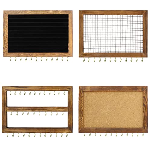 Jewelry Organizer Wall Mounted 4 Pack Rustic Wood Jewelry Display Organizer Holder with Hooks for Ear Rings, Necklaces and Bracelet(Hook + Stencil + Rings + Corkboard)
