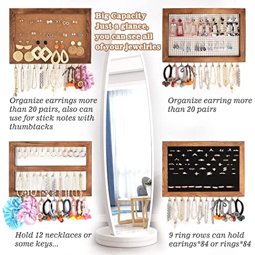 Jewelry Organizer Wall Mounted 4 Pack Rustic Wood Jewelry Display Organizer Holder with Hooks for Ear Rings, Necklaces and Bracelet(Hook + Stencil + Rings + Corkboard)