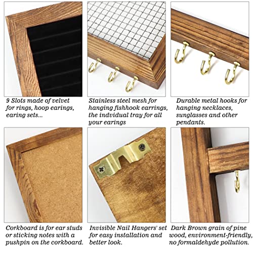 Jewelry Organizer Wall Mounted 4 Pack Rustic Wood Jewelry Display Organizer Holder with Hooks for Ear Rings, Necklaces and Bracelet(Hook + Stencil + Rings + Corkboard)