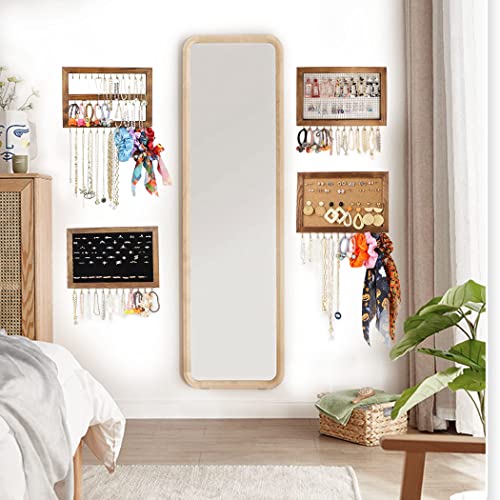 Jewelry Organizer Wall Mounted 4 Pack Rustic Wood Jewelry Display Organizer Holder with Hooks for Ear Rings, Necklaces and Bracelet(Hook + Stencil + Rings + Corkboard)