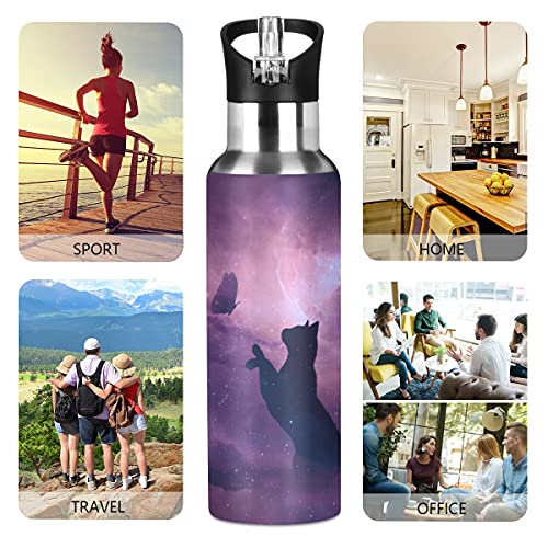 Yasala Water Bottle Galaxy Cat Butterfly Coffee Thermos Stainless Steel Insulated Beverage Container 20 oz with Straw Lid BPA-Free for Sport, Travel, Camping, Back to School