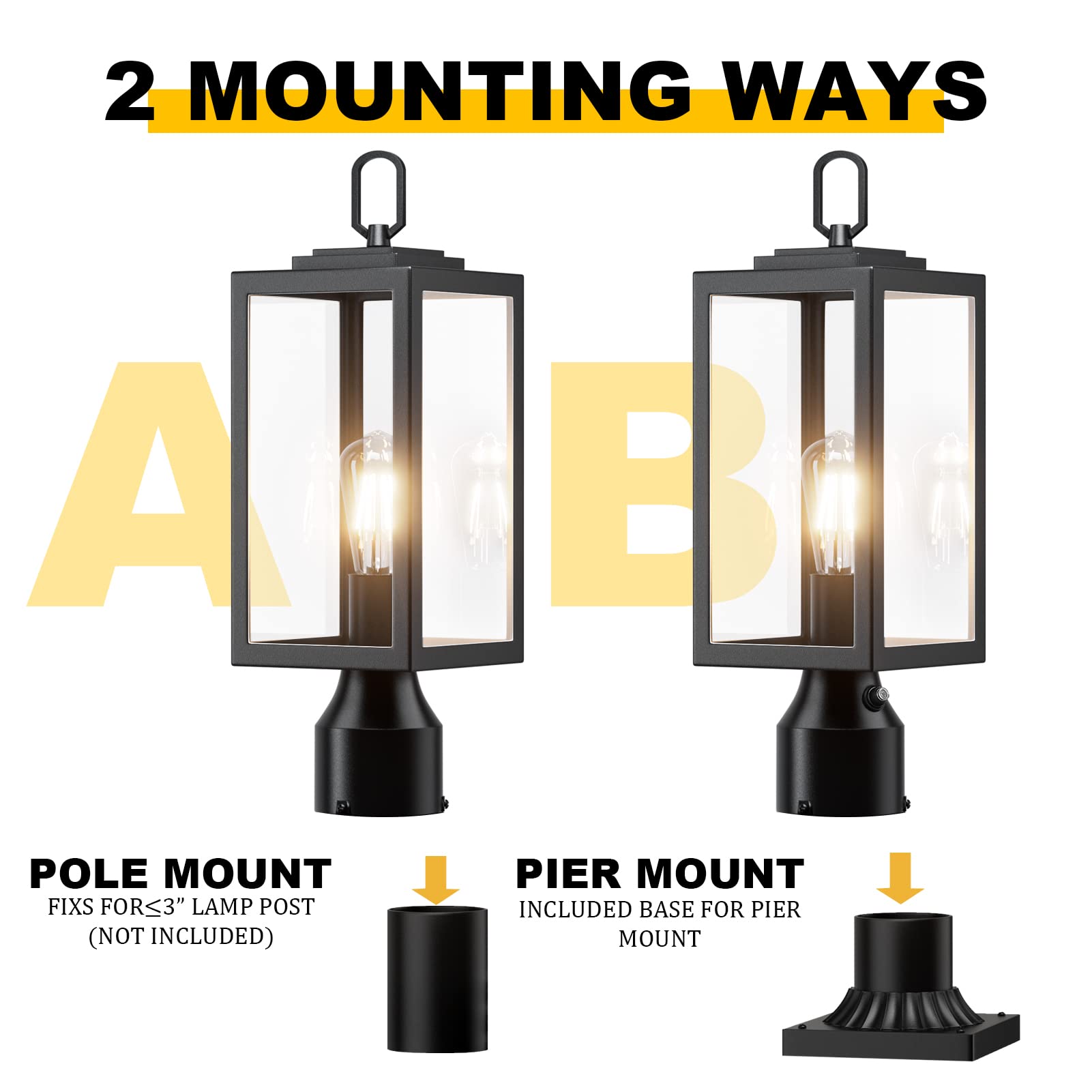 Aoceley Dusk to Dawn Outdoor Post Light with Pier Mount Base, 2-Pack Modern Lamp Post Light Fixtures Waterproof Aluminum Pier Lights Outdoor Column Lights Exterior Post Lantern with Clear Glass Shade