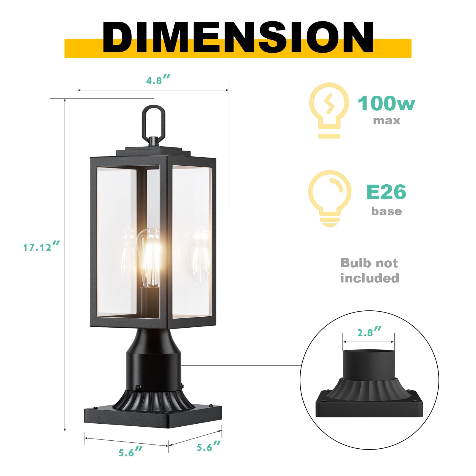 Aoceley Dusk to Dawn Outdoor Post Light with Pier Mount Base, 2-Pack Modern Lamp Post Light Fixtures Waterproof Aluminum Pier Lights Outdoor Column Lights Exterior Post Lantern with Clear Glass Shade