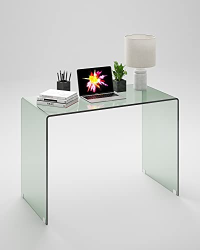 Neos Modern Furniture Bent Glass Computer Desk Rectangular Shaped PC Laptop Workstation Table for Home Office, 43.3" L, Clear