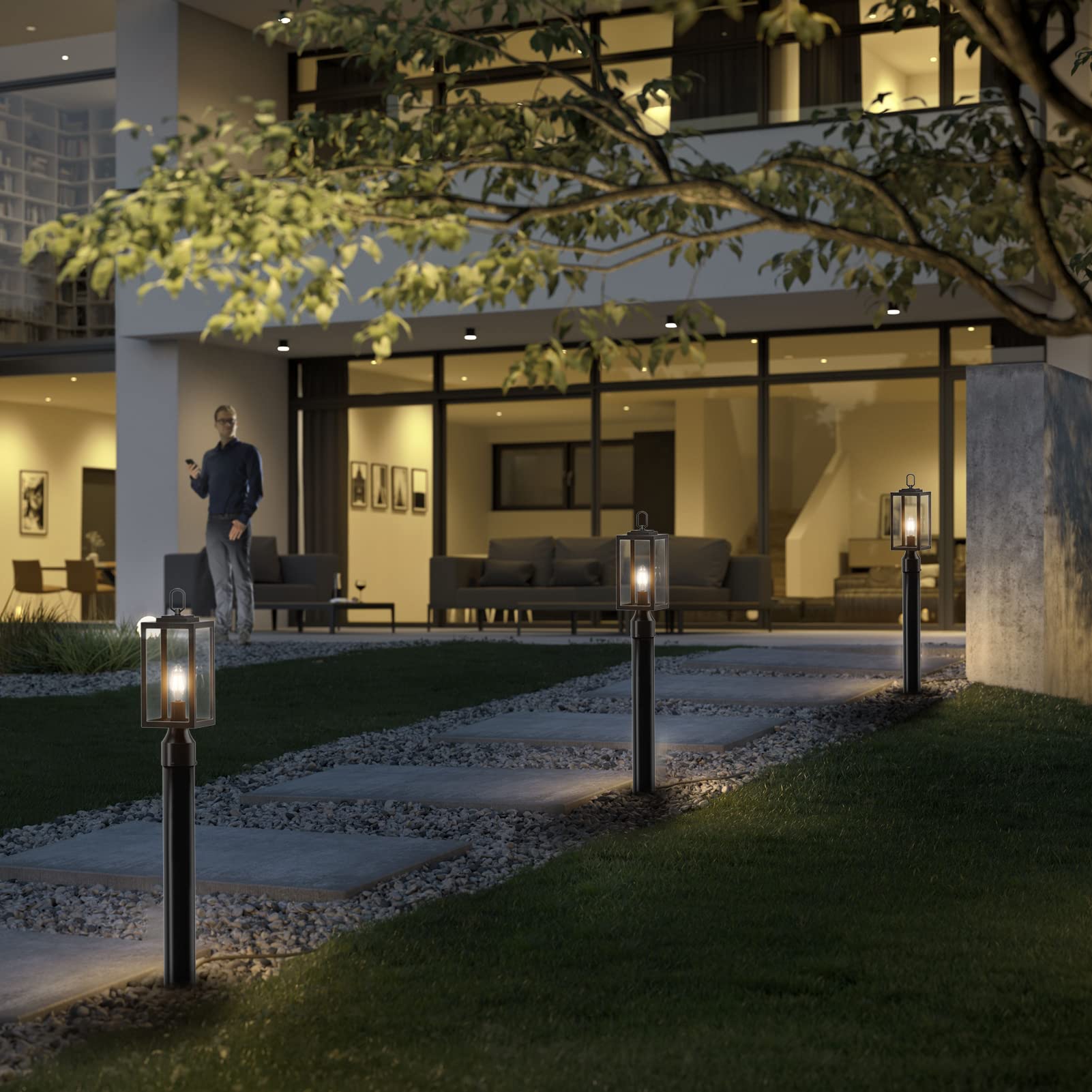 Aoceley Dusk to Dawn Outdoor Post Light with Pier Mount Base, 2-Pack Modern Lamp Post Light Fixtures Waterproof Aluminum Pier Lights Outdoor Column Lights Exterior Post Lantern with Clear Glass Shade