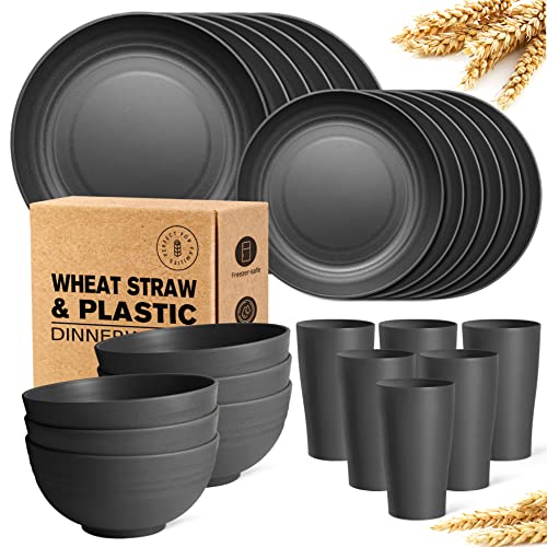 Teivio 24-Piece Kitchen Plastic Wheat Straw Dinnerware Set, Service for 6, Dinner Plates, Dessert Plate, Cereal Bowls, Cups, Unbreakable Plastic Outdoor Camping Dishes, Black
