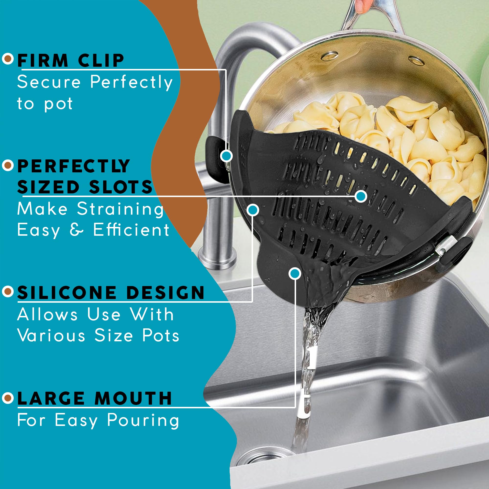 GottaHaveit | Clip On Strainer – Snap On Pot Drainer for Pan and Pots, Essential Home Cooking Tool. Black