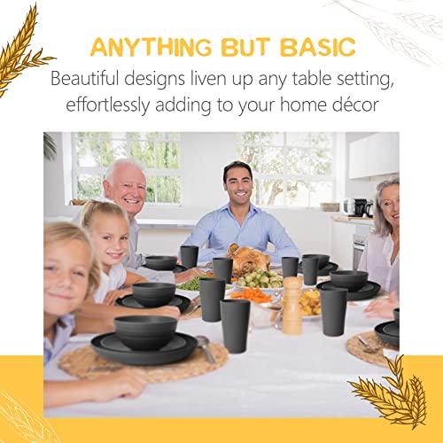 Teivio 24-Piece Kitchen Plastic Wheat Straw Dinnerware Set, Service for 6, Dinner Plates, Dessert Plate, Cereal Bowls, Cups, Unbreakable Plastic Outdoor Camping Dishes, Black