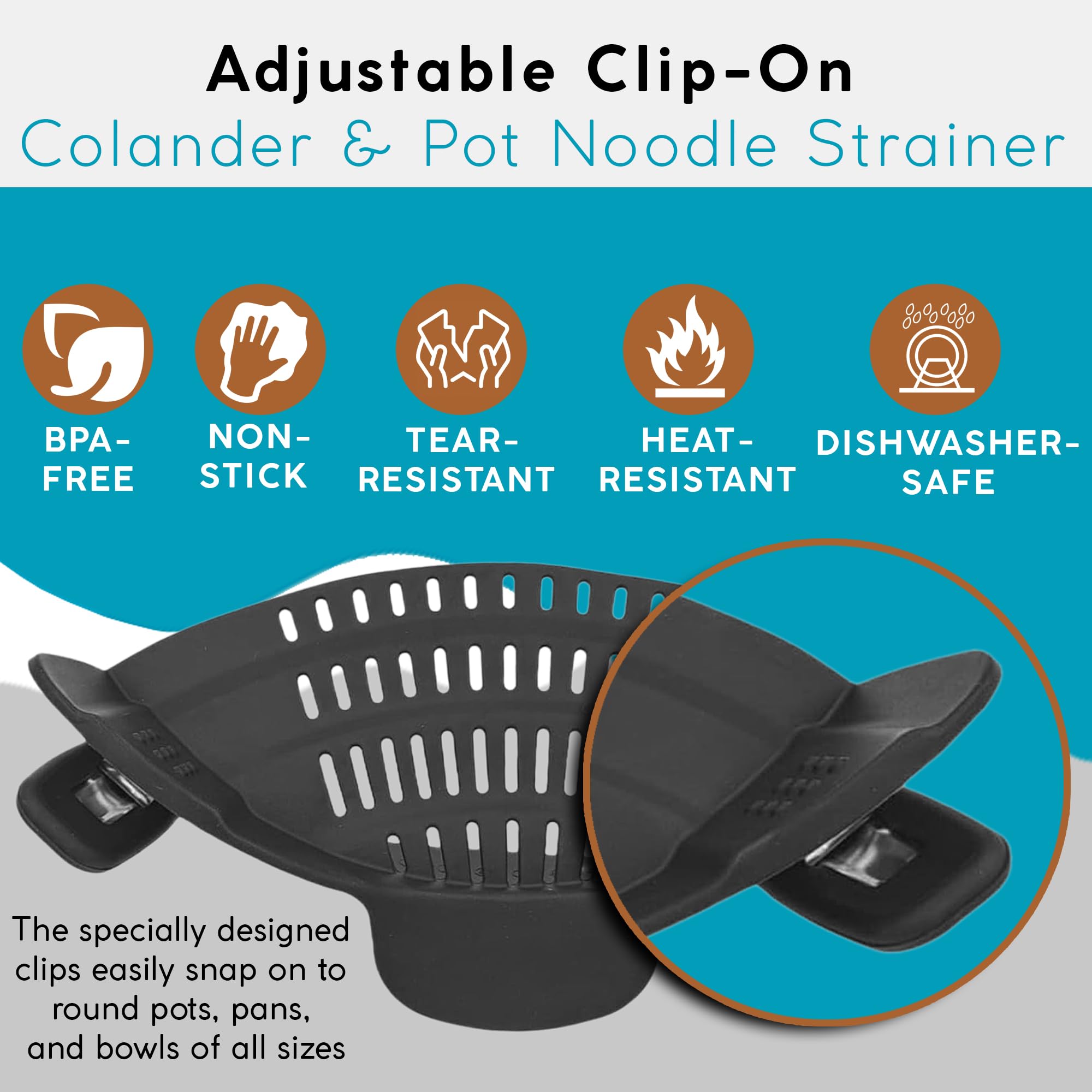 GottaHaveit | Clip On Strainer – Snap On Pot Drainer for Pan and Pots, Essential Home Cooking Tool. Black