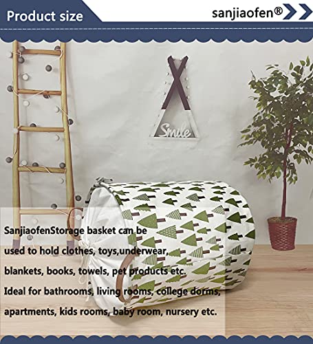 Sanjiaofen Nursery Laundry Basket Canvas Fabric Baby Boy Storage Bins,Collapsible Woodland Hamper,Waterproof Storage Baskets with Leather Handle,Forest Nursery Decor,Toy Organizer (Tree)