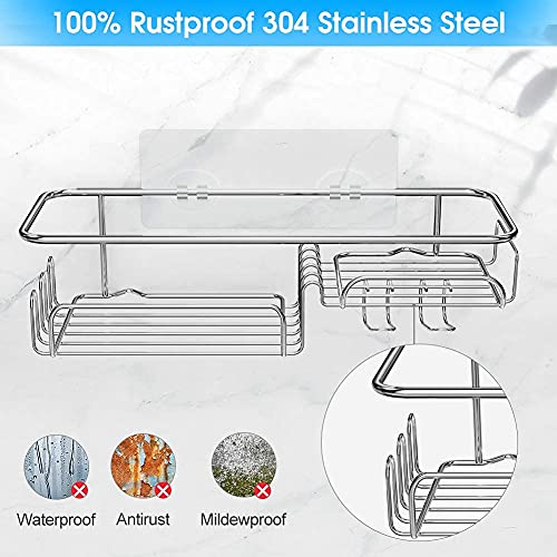 AriesBaby Shower Caddy Basket Shelf by 2Pack,SUS304 Stainless Steel for Bathroom Organizer with 11Hook and Soap Dish,Without Drilling, Shelf Adhesive be Fixable,Storage Organizer Dorm,Kitchen, Silver