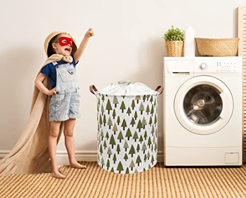 Sanjiaofen Nursery Laundry Basket Canvas Fabric Baby Boy Storage Bins,Collapsible Woodland Hamper,Waterproof Storage Baskets with Leather Handle,Forest Nursery Decor,Toy Organizer (Tree)