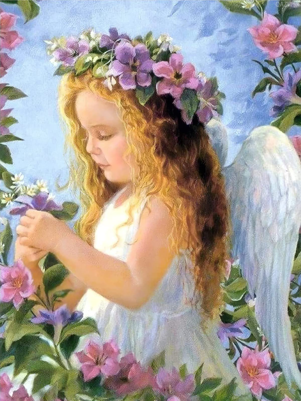 QAZWSX 5D Angel Diamond Painting Kits, Pink Flowers DIY Diamond Art Kits for Adults, Full Round Drill Crystal Cross Stitch Adults Craft for Wall Office Decor Christmas Thanksgiving Gift 12x16 inch