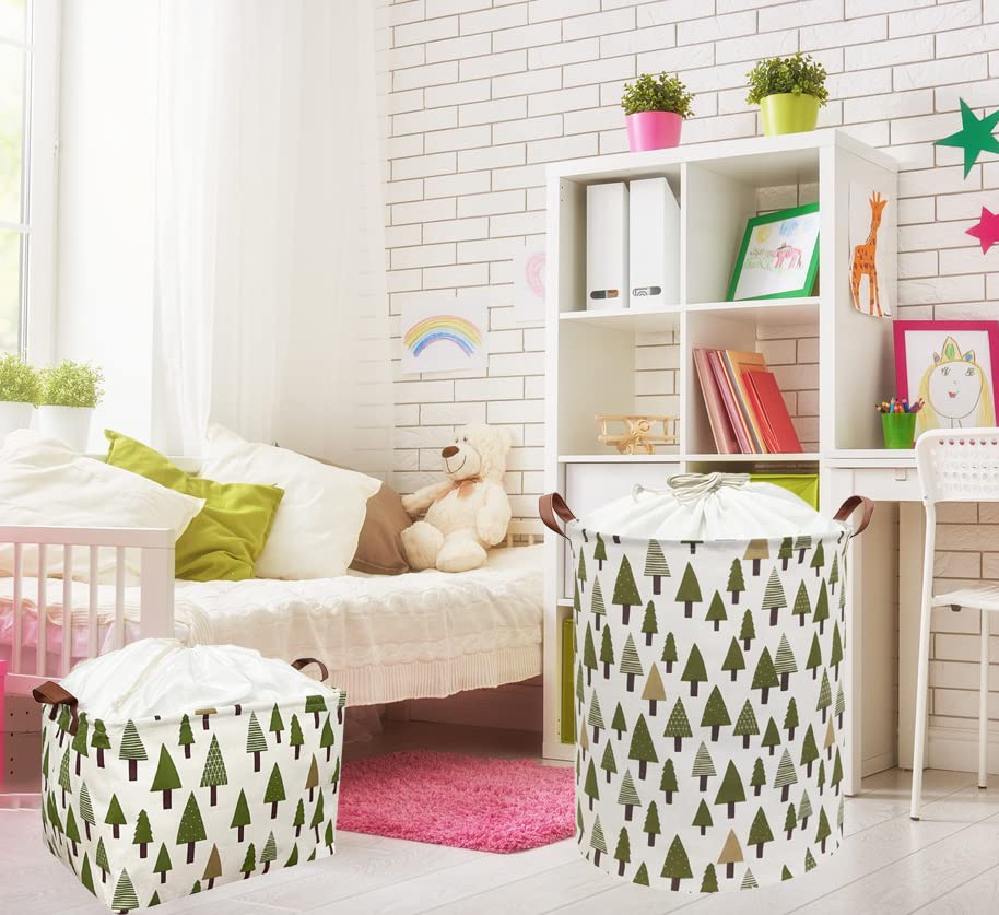 Sanjiaofen Nursery Laundry Basket Canvas Fabric Baby Boy Storage Bins,Collapsible Woodland Hamper,Waterproof Storage Baskets with Leather Handle,Forest Nursery Decor,Toy Organizer (Tree)
