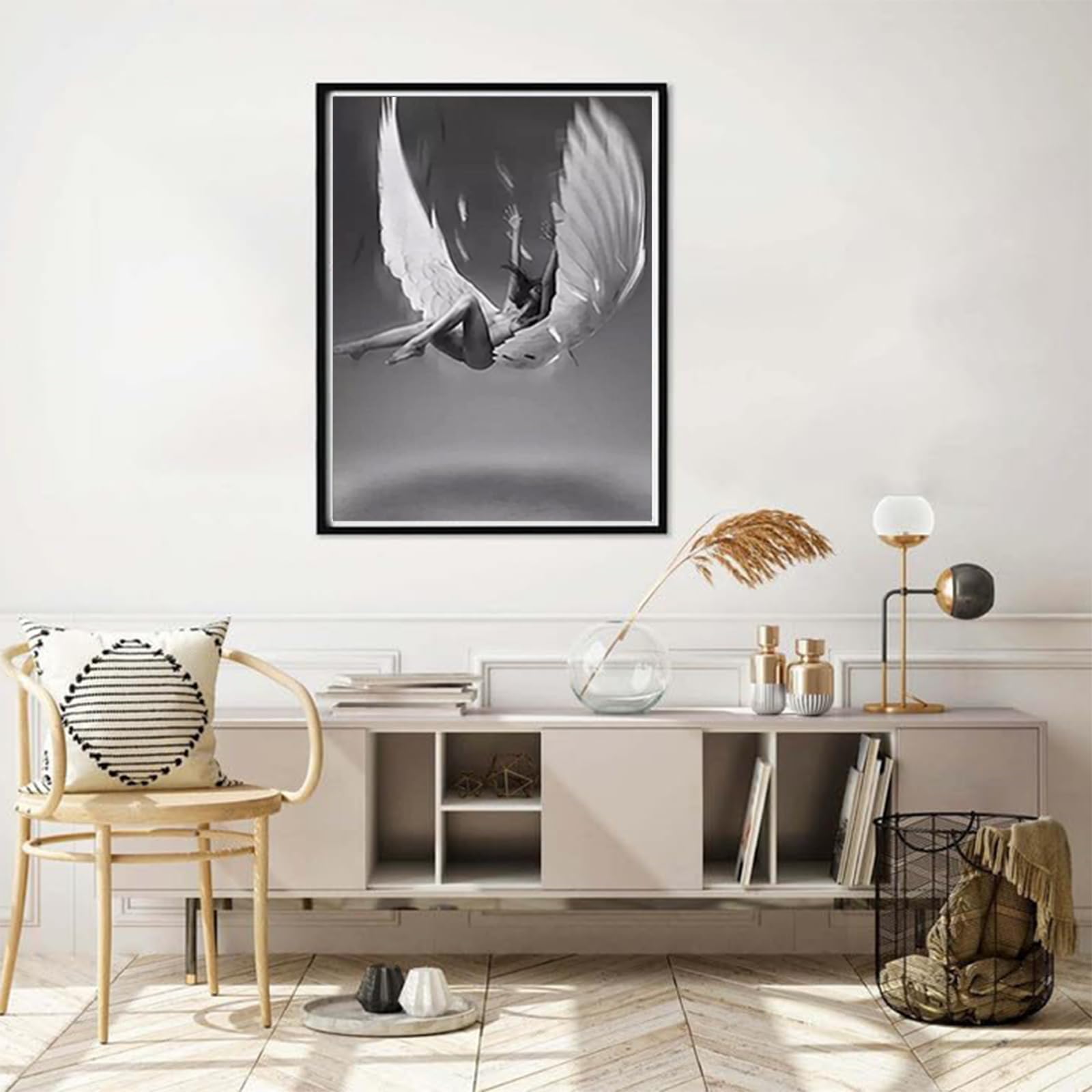 5D Black White Fallen Angel White Wing DIY Diamond Art Painting Kits for Adults, Full Drill Diamond Arts Rhinestone Pasted, Diamonod Dot Arts Crafts for Home Wall Decor Christmas Gift 12x16 inch