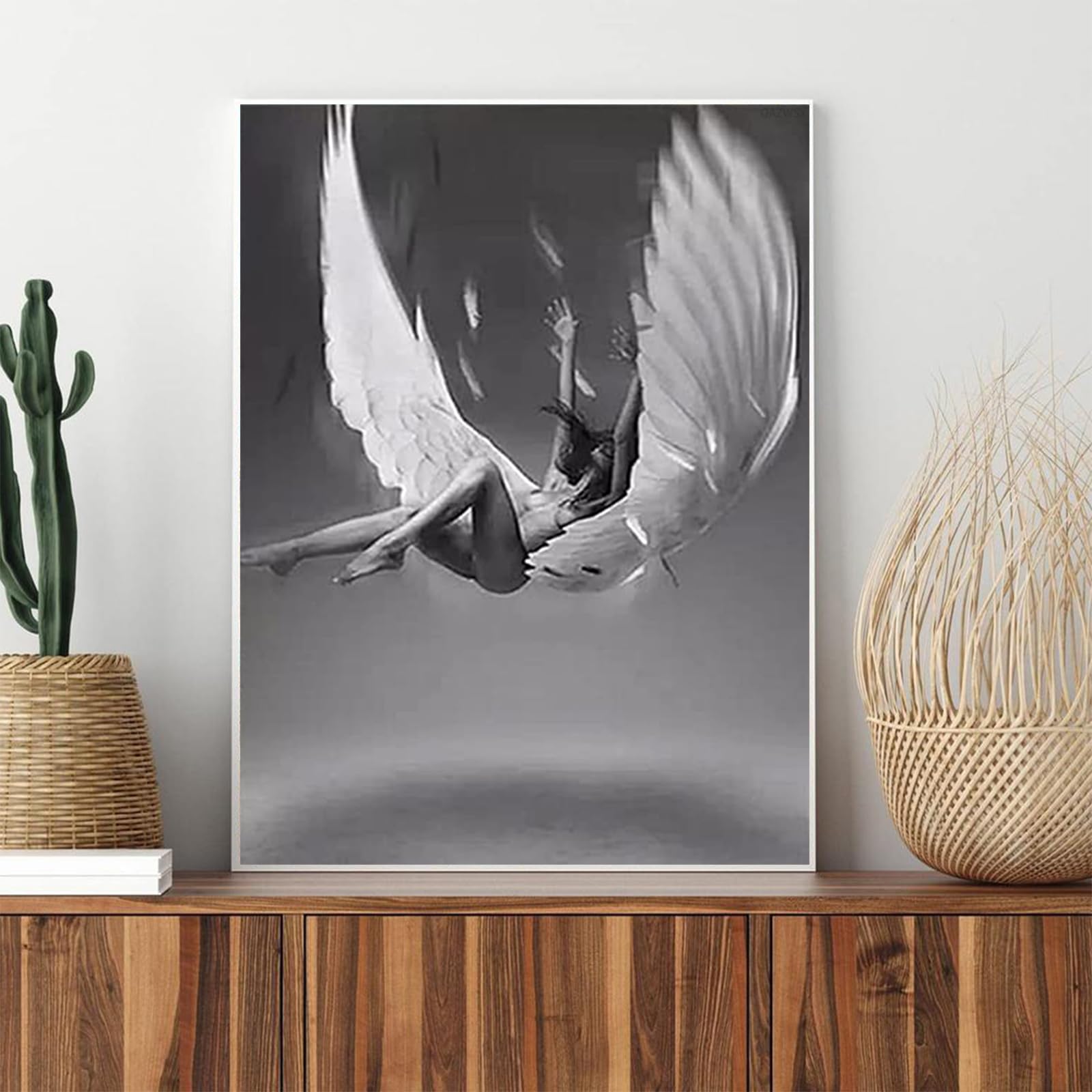 5D Black White Fallen Angel White Wing DIY Diamond Art Painting Kits for Adults, Full Drill Diamond Arts Rhinestone Pasted, Diamonod Dot Arts Crafts for Home Wall Decor Christmas Gift 12x16 inch