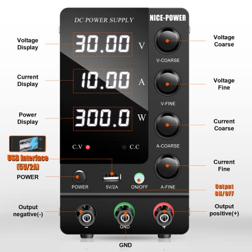 NICE-POWER Adjustable DC Power Supply: 30V 10A Variable Switching Regulated High Precision 4-Digits LCD Display 5V/2A USB Port Output & Input Power Cord Bench Lab Power Supplies