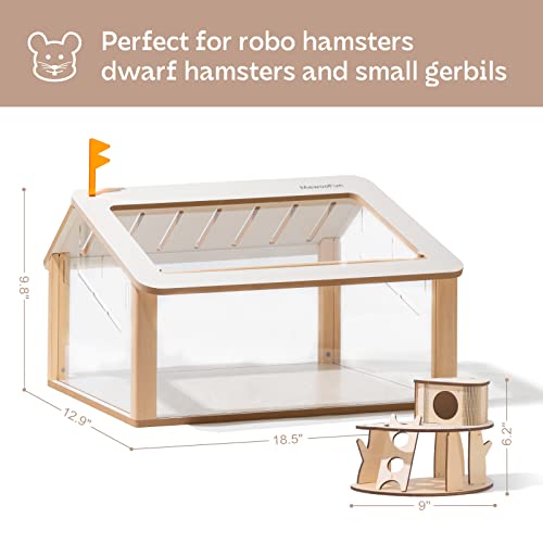 MEWOOFUN Wooden Hamster Cage Small Animal Cage Acrylic Hamster Cage with House (18.5" L X 12.9" W X 9.8" H)