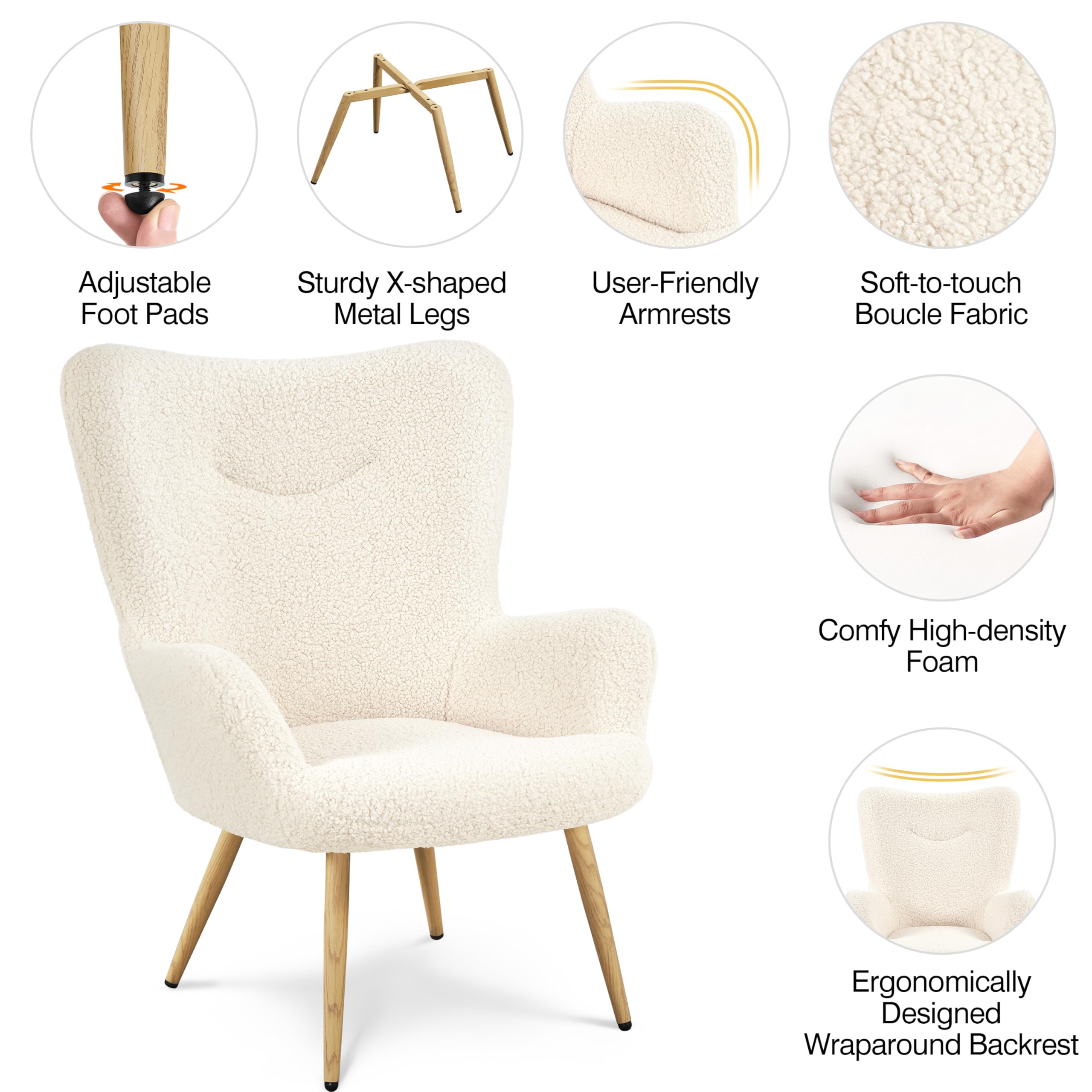 Yaheetech Accent Chair, Modern Boucle Vanity Chair with High Back and Wood-Tone Metal Legs, Sherpa Chair for Living Room, Home Office, Ivory