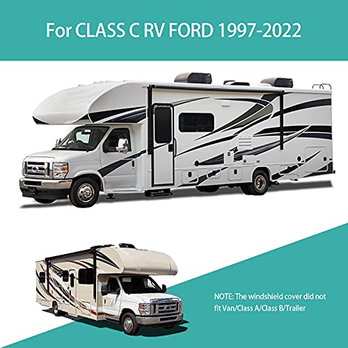VOGREX RV Windshield Sunshade Cover Class C Compatible with Ford E450 1997-2023 UV Block RV Front Window Cover Sunshade Motorhome Windshield Snow Cover with Mirror Cutouts, Elastic Corner Bands