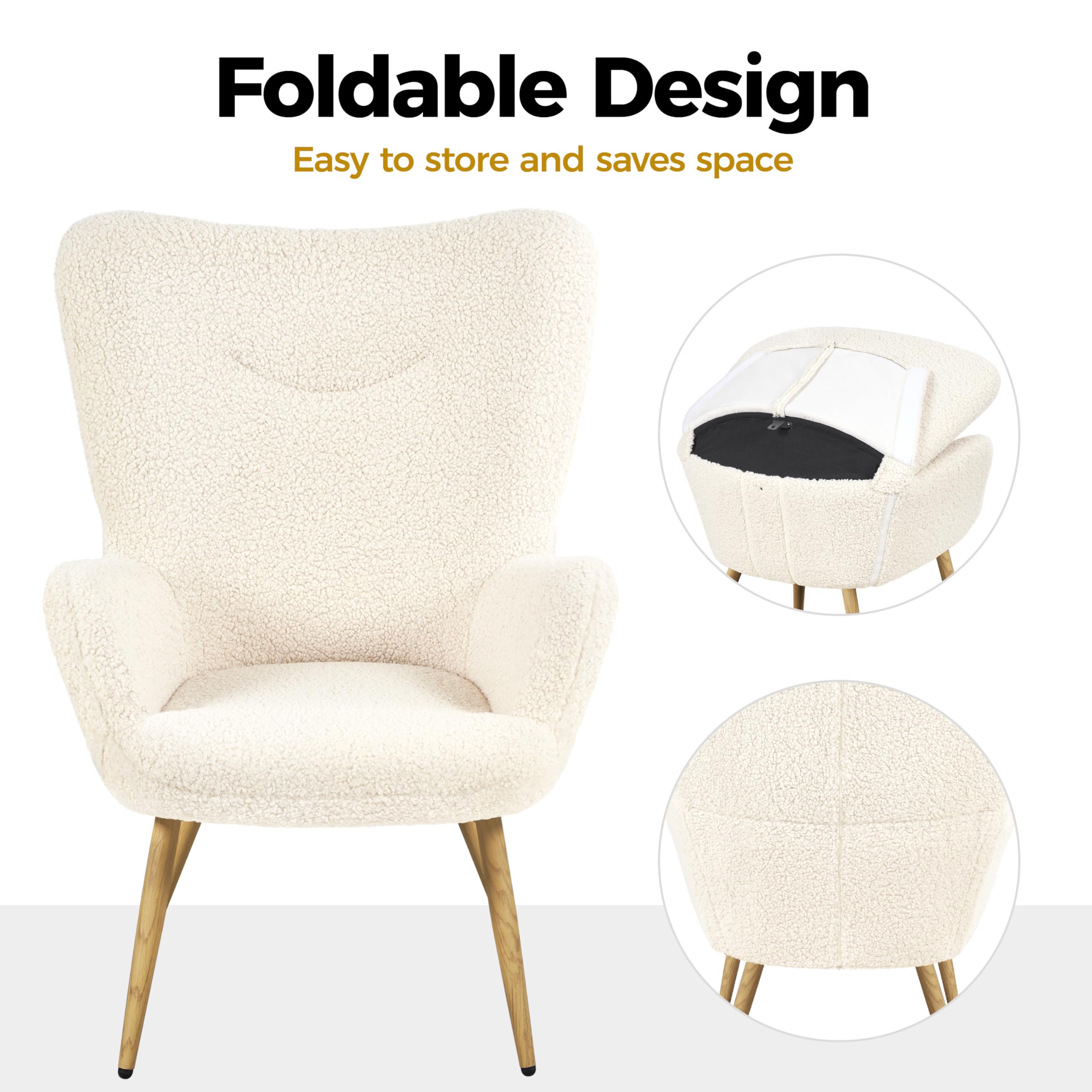 Yaheetech Accent Chair, Modern Boucle Vanity Chair with High Back and Wood-Tone Metal Legs, Sherpa Chair for Living Room, Home Office, Ivory