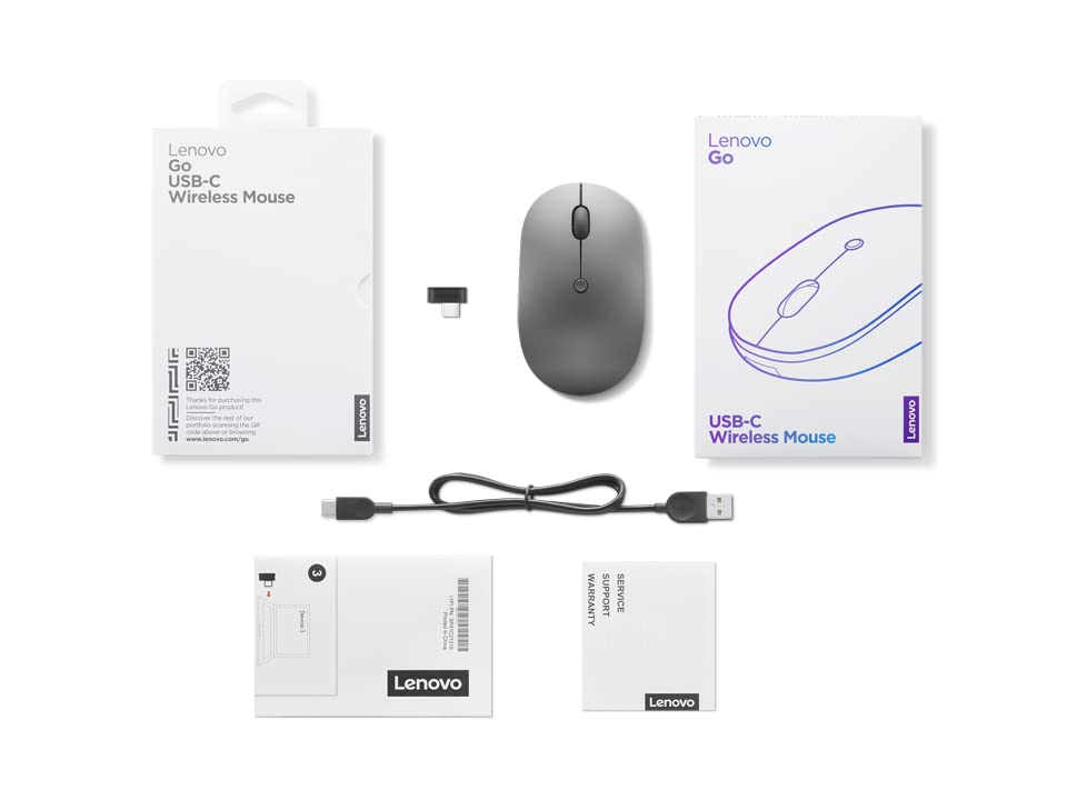 Lenovo Go USB-C Essential Wireless Mouse, 2.4 GHz Nano USB-C Receiver, Adjustable DPI, Rechargeable Battery, Ambidextrous, GY51C21210, Grey
