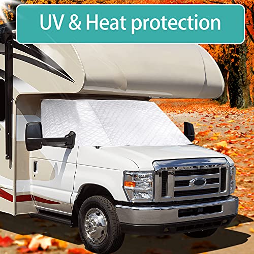 VOGREX RV Windshield Sunshade Cover Class C Compatible with Ford E450 1997-2023 UV Block RV Front Window Cover Sunshade Motorhome Windshield Snow Cover with Mirror Cutouts, Elastic Corner Bands
