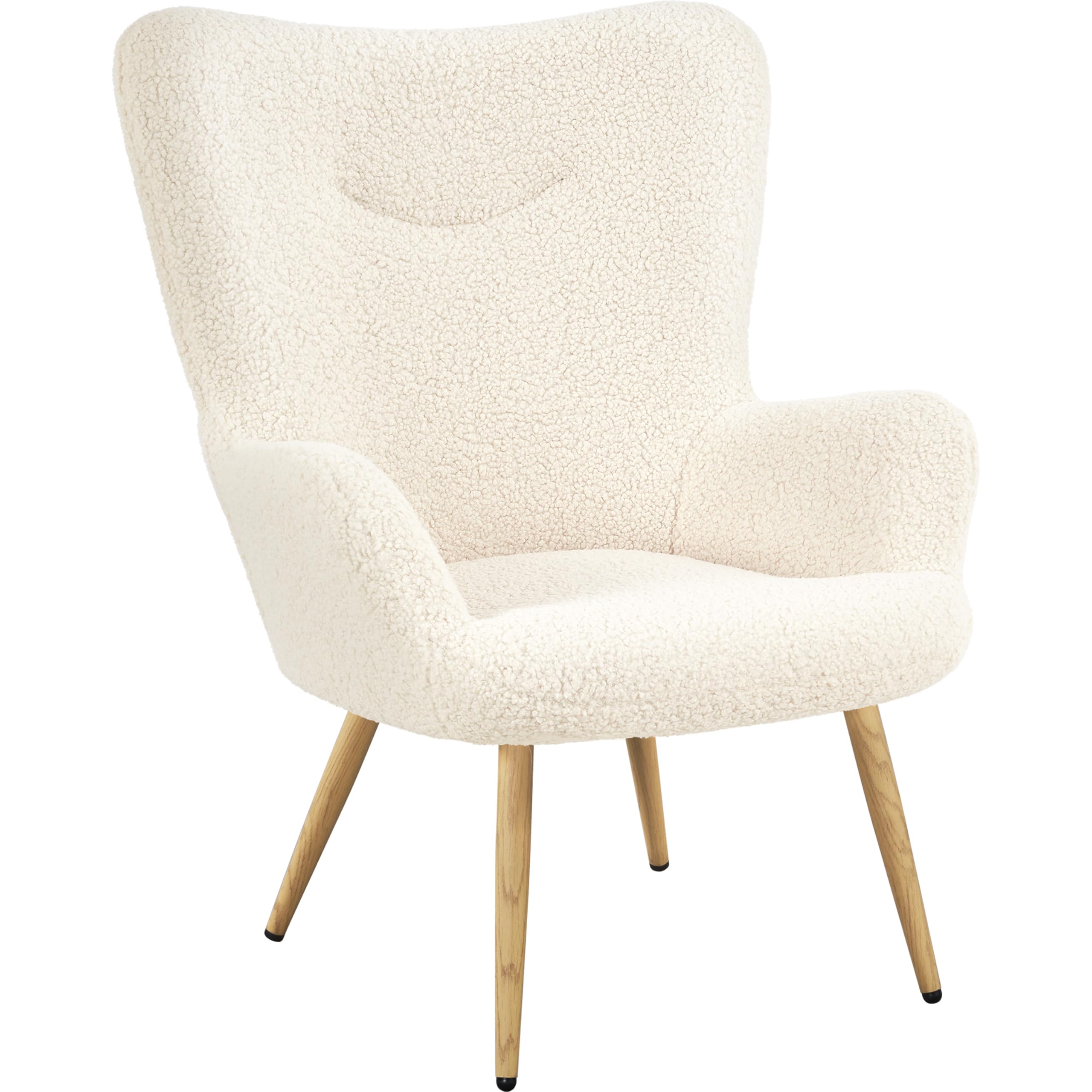 Yaheetech Accent Chair, Modern Boucle Vanity Chair with High Back and Wood-Tone Metal Legs, Sherpa Chair for Living Room, Home Office, Ivory