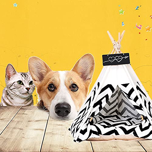 Pet Teepee Tent for Dogs Puppy Cat Bed White Canvas Dog Cute House Pet Teepee with Cushion 24inch Indoor Outdoor (White&Black)