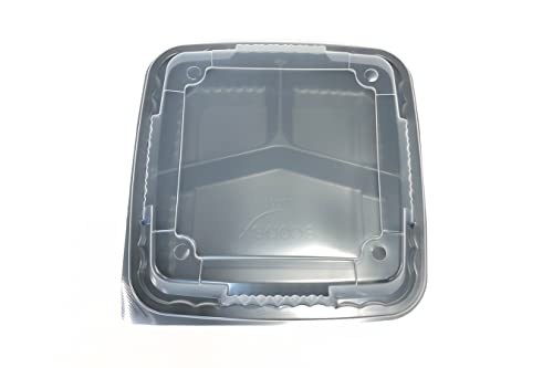 ecopax 75 Sets PP Pebble Box Serving Tray and Vented Lid, Food Container (9x9 3 Compartment) Lunch Box, Food Container, Black