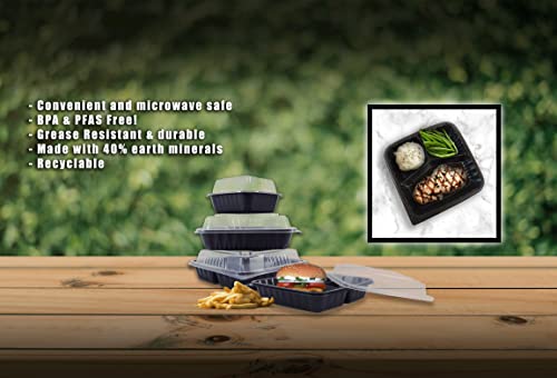 ecopax 75 Sets PP Pebble Box Serving Tray and Vented Lid, Food Container (9x9 3 Compartment) Lunch Box, Food Container, Black