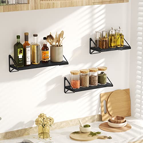SRIWATANA Floating Shelves Wall Mounted, Rustic Wood Wall Shelves Set of 3 for Bedroom, Living Room, Kitchen, Bathroom - Black