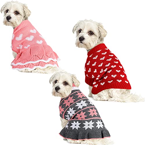 Xuniea 3 Pieces Dog Sweater Dress with Leash Hole Dog Coat Knitwear Vest Turtleneck Pullover Warm Pet Sweater Small Dog Sweater Pet Clothes Sweater for Puppy Cat Dog (Gray, Pink, Red, Medium, Small)