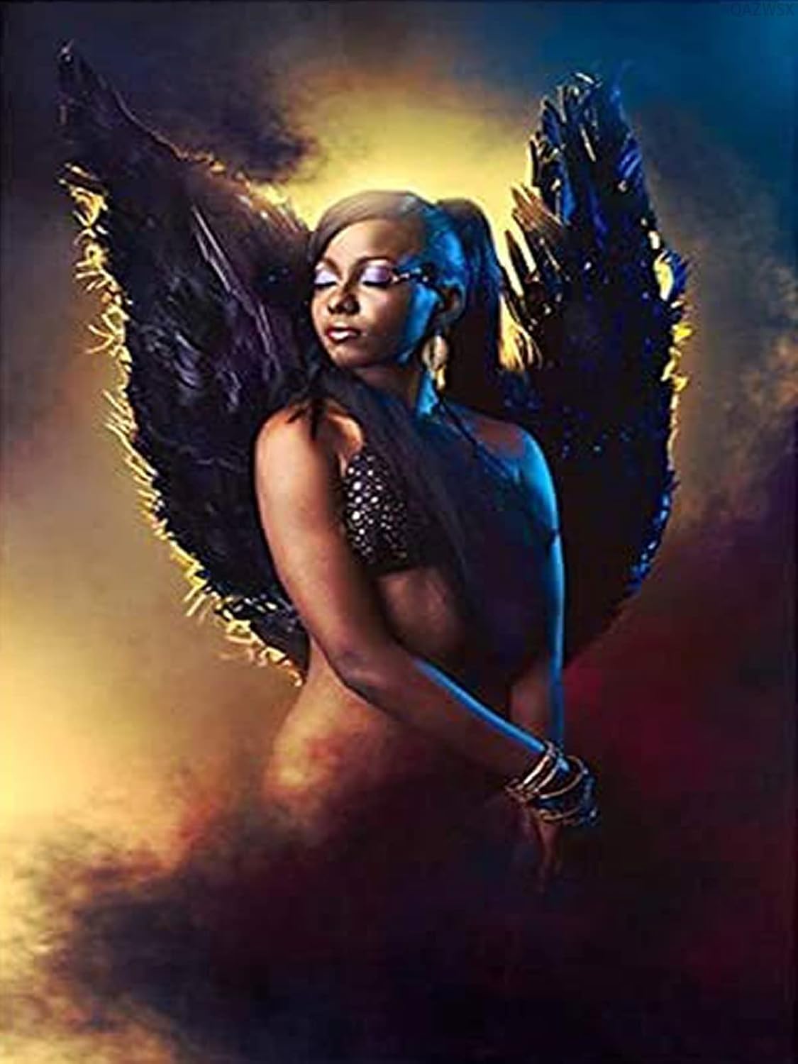 QAZWSX Full Round Drill African Black Angel Woman Art Diamond Painting Art Kits for Adults Beginners Paint with Gem Crystal Home Wall Decor 12x16 Inch