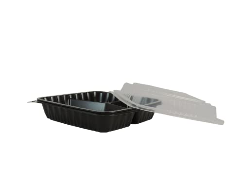 ecopax 75 Sets PP Pebble Box Serving Tray and Vented Lid, Food Container (9x9 3 Compartment) Lunch Box, Food Container, Black