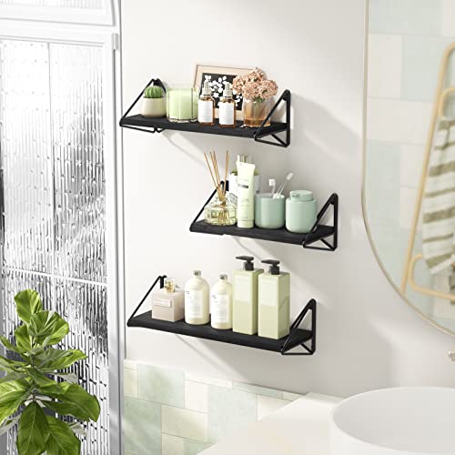 SRIWATANA Floating Shelves Wall Mounted, Rustic Wood Wall Shelves Set of 3 for Bedroom, Living Room, Kitchen, Bathroom - Black