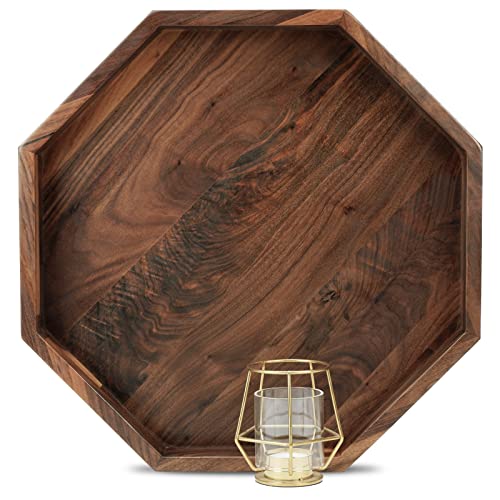 MAGIGO 16 Inches Extra Large Octagonal Black Walnut Wood Ottoman Tray with Handles, Serve Tea, Coffee Classic Wooden Decorative Serving Tray