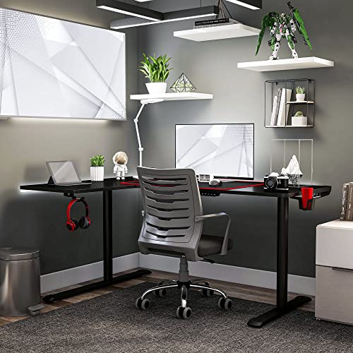 ioHOMES Kindira Modern Steel 65 in. L-Shaped Gaming Desk with USB Ports, PC Mouse Pad and Rotatable Cup-Holder for Home Office, Classroom, Study Room, Black