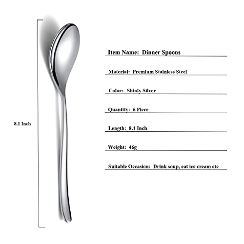 Dinner Spoons 6 Piece, 8.1'' Stainless Steel Tablespoons, Soup Spoons, Dessert Spoons, Spoons Silverware for Home, Kitchen or Restauran,Dishwasher Safe (Silver)
