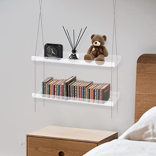 Sumerflos Acrylic Hanging Floating Shelves, 2Tier Clear Indoor Wall Window Storage Rack, Height Adjustable Display Floating Shelves for Home, Kitchen, Bedroom, Bathroom